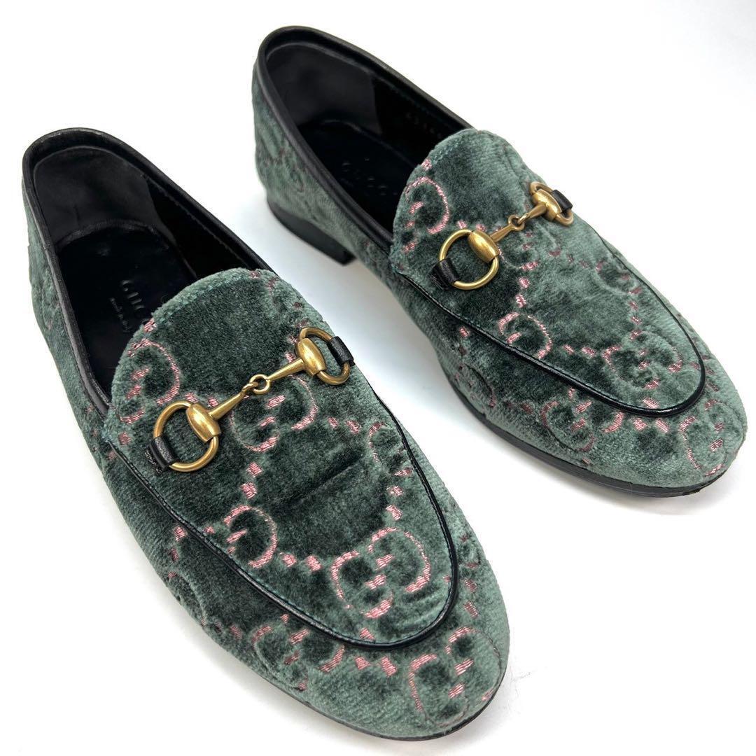 GUCCI Women's Jordaan Loafers GG Horsebit Velvet Green EU34 GUCCI Women's Jordaan Loafers GG Horsebit Velvet Green EU34
