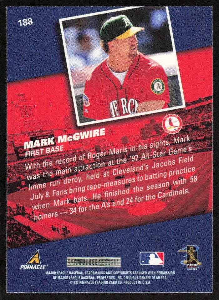 1998 Pinnacle Baseball Goin' Jake Mark McGwire #188 Oakland Athletics ...