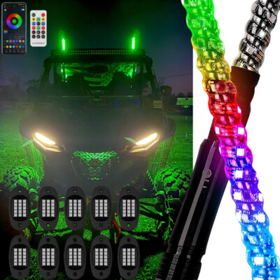 2PC 3ft LED Whip Lights + 10PCS LED Rock Light Underglow Kit For ATV ...