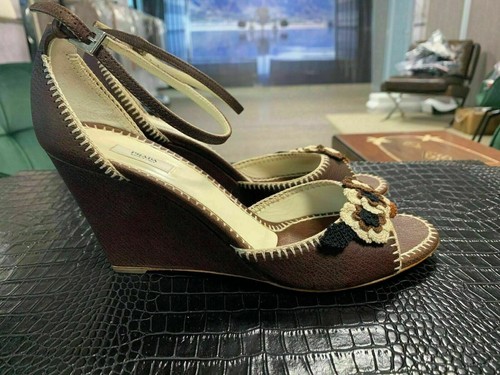 Prada Wedge Crochet Cuir Sandales Escarpins Talons Chaussures Mules 39. ...