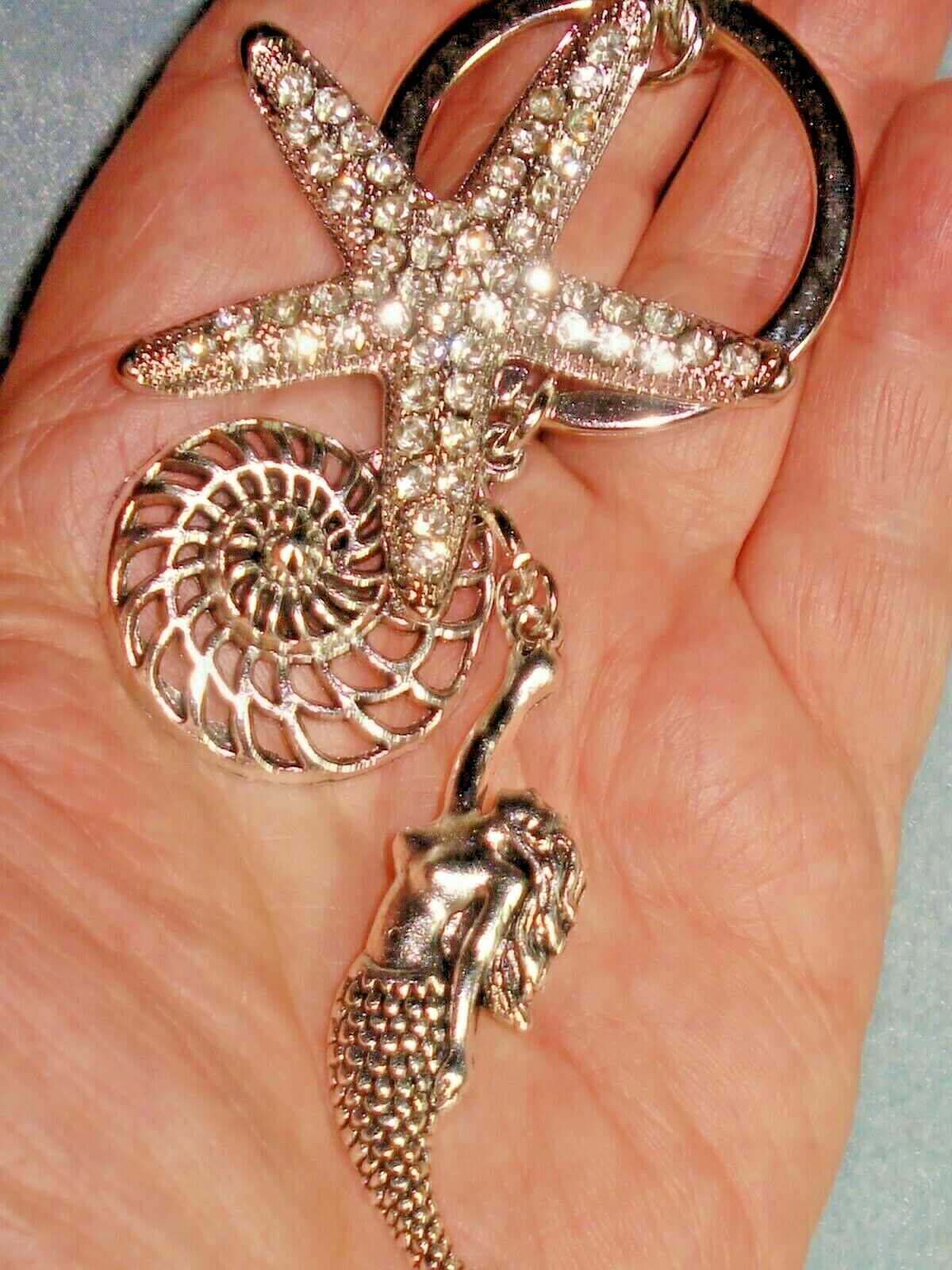 6 1/2" Dangle Large Rhinestone Starfish Mermaid Beach Tote Glitzy Key ...