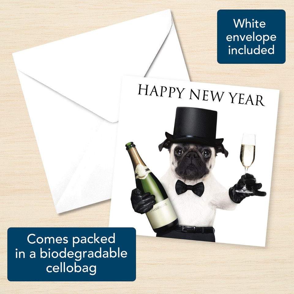 Pug Happy New Year 2025 Card & Packs - Celebrations Champagne Pug Dog ...