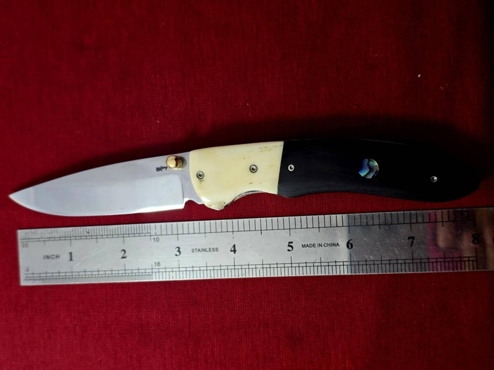 CUSTOM FOLDING KNIFE ATS 4034 STEEL Handmade Ostrich tibia Ebony Wood ...