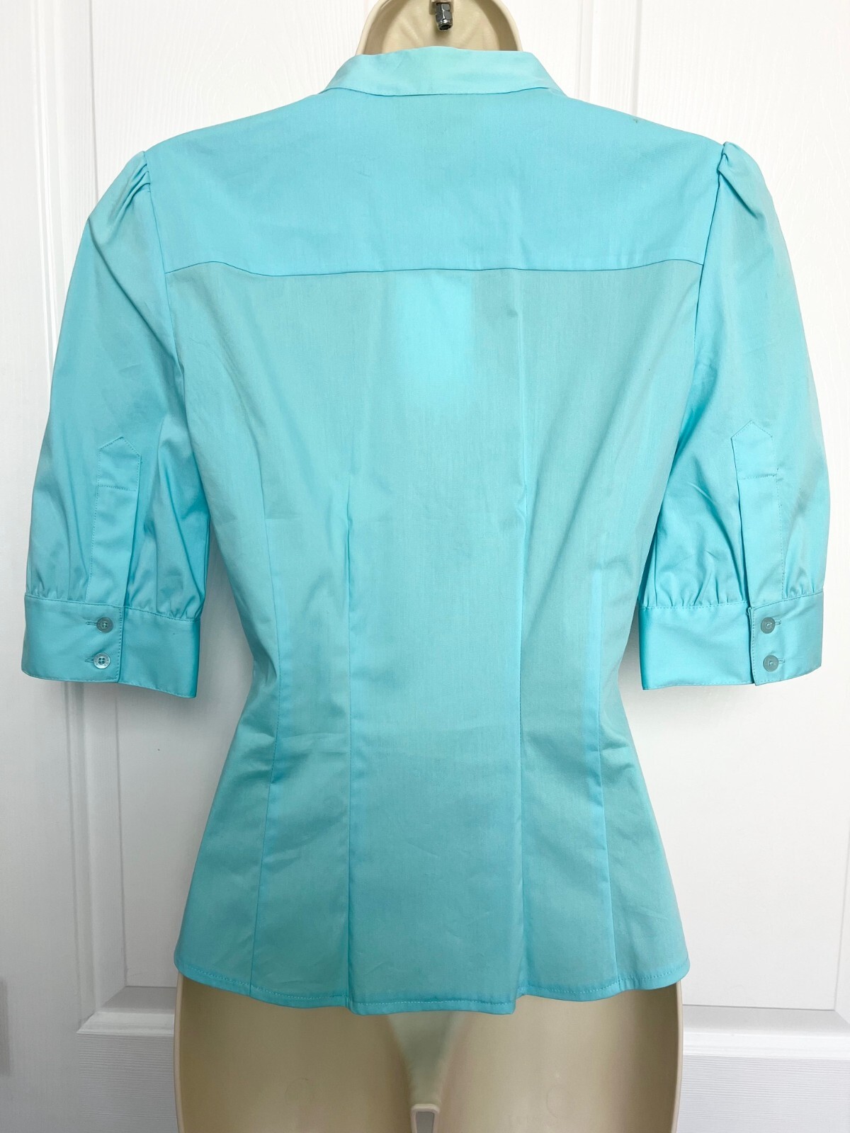 BeBe Turquoise Blue Ruffled Button-Up Short Sleeve Fitted Top Shirt XS ...