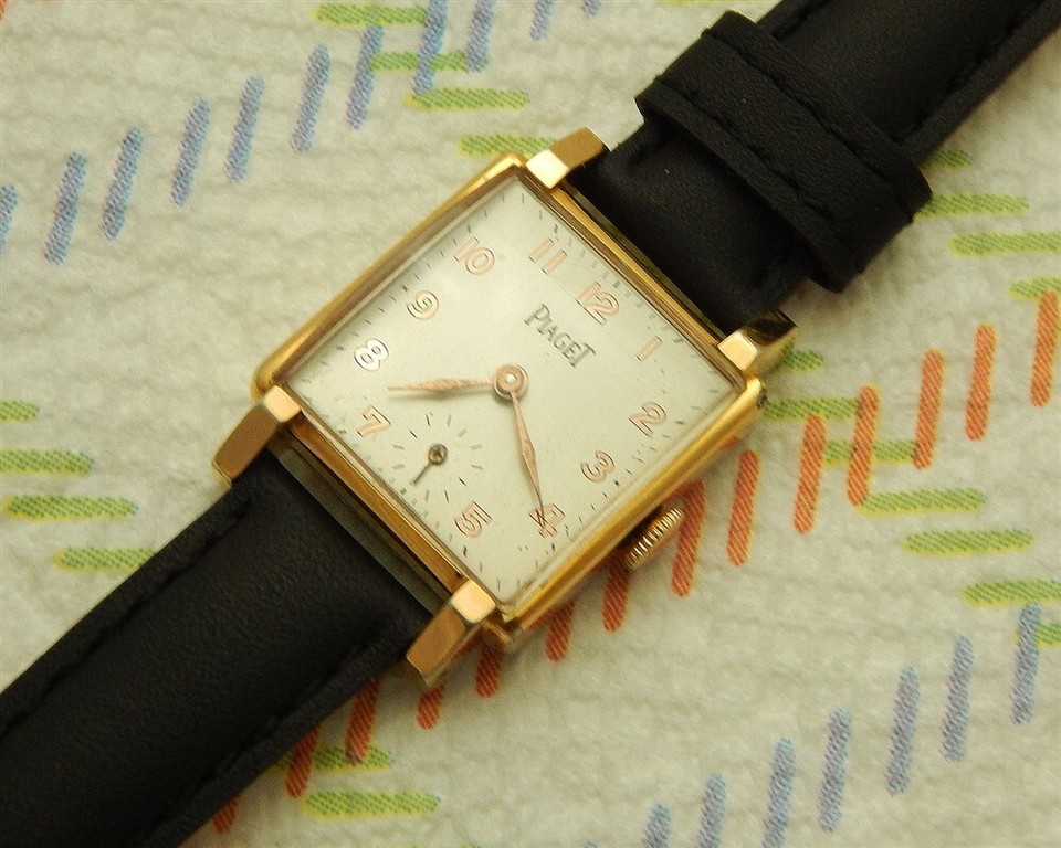1940s PIAGET RECTANGULAR FANCY ART DECO LUGS GOLD PLATED MIDSIZE CASE ...