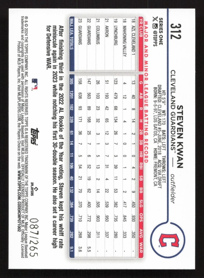 2024 Topps #312 Steven Kwan FOIL BOARD /265 Cleveland Guardians | eBay UK