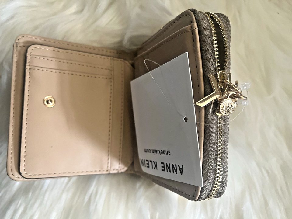 Anne Klein Snap Zip-Around Zipper Foldable Wallet Biege Faux Leather ...