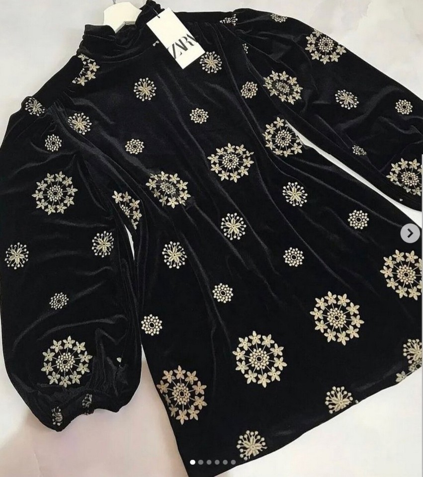 ZARA BLACK VELVET DOILY FLORAL EMBROIDERED HIGH NECK BALLOON SLEEVES ...