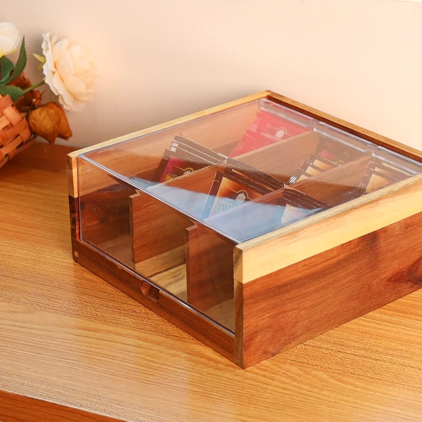 Acacia Wood Tea Bag Organizer Storage Gift Box 6 Compartments Tea Chest ...