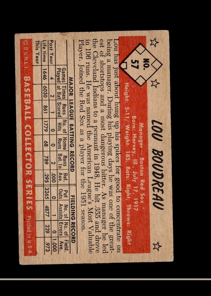 Lou Boudreau 1953 Bowman Color #57 Red Sox VG | eBay
