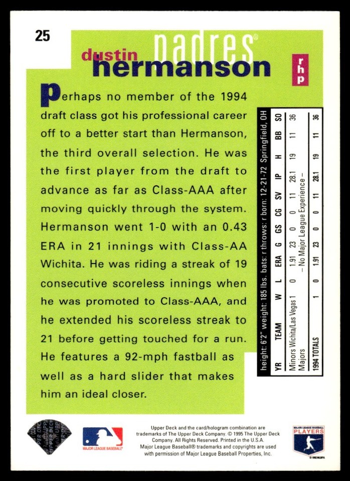 1995 Collector's Choice Gold Signature Dustin Hermanson San Diego ...
