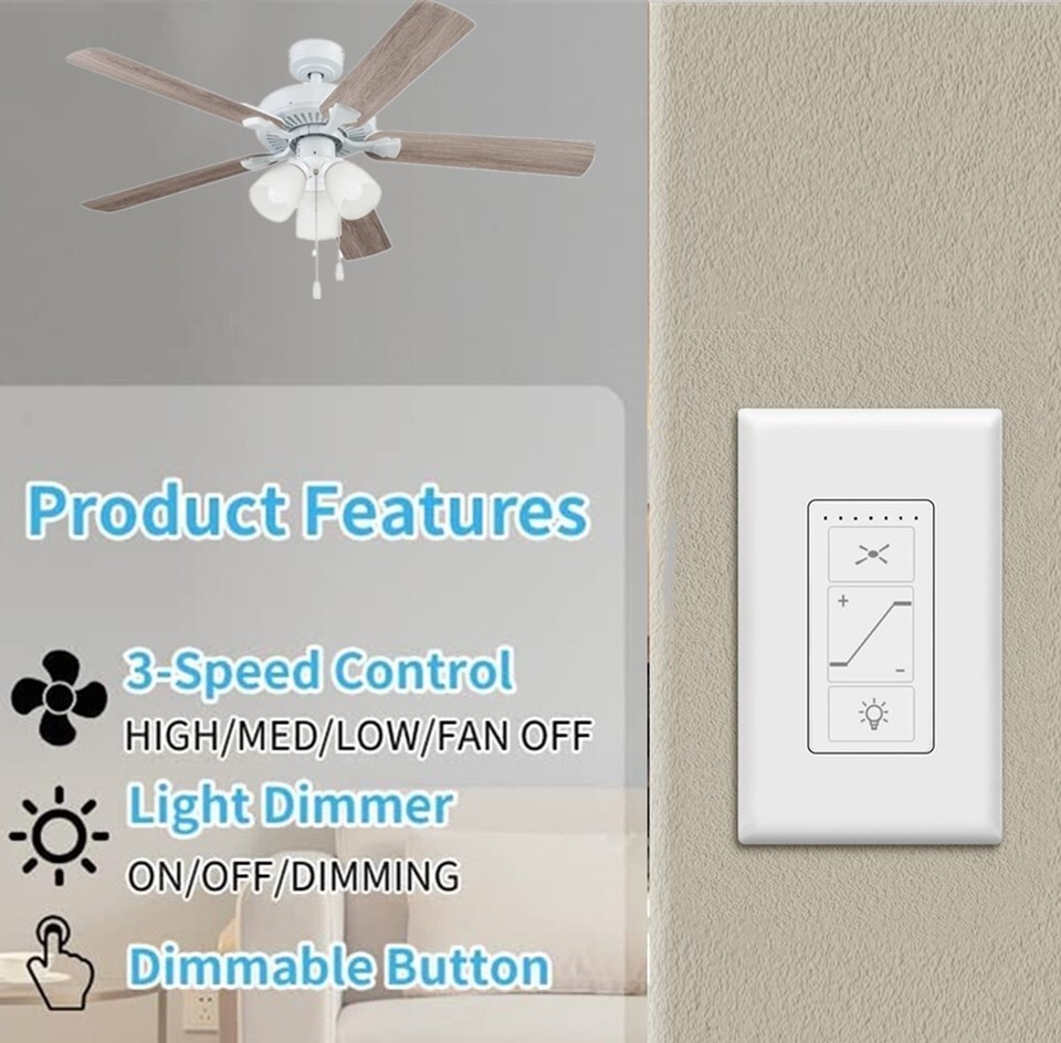 Ceiling Fan & Dimmer Wall Switch, 2 in 1 Light and Fan Combination ...