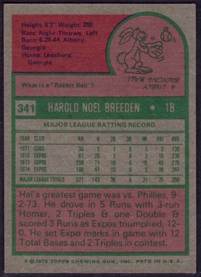 1975 Topps Baseball Card #341 Hal Breeden Montreal Expos EX-MT | eBay