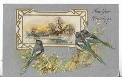 VTG New Years Postcard 1908 Silver Card with Blue Birds House New Year ...