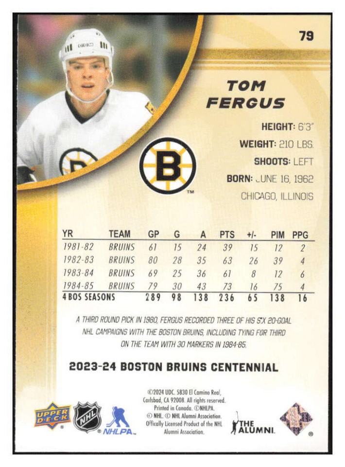 Tom Fergus 2023-24 Upper Deck Boston Bruins Centennial #79 NHL Box Set ...