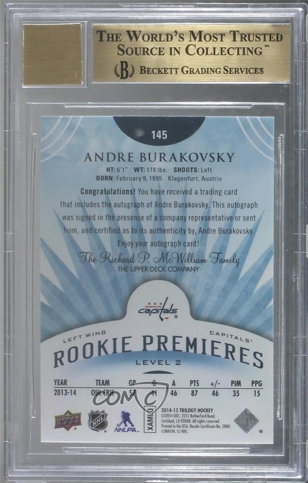 2014 Trilogy Radiant Blue /225 Andre Burakovsky BGS 9.5 GEM MINT Rookie ...