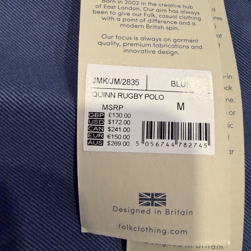 New Men’s Folk Quinn Rugby Polo Blue Long Sleeve Shirt size M Large NWT ...