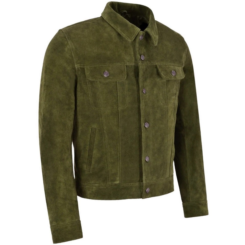 Men's Olive Green Real Suede Leather Trucker Jacket Denim Style Jean ...