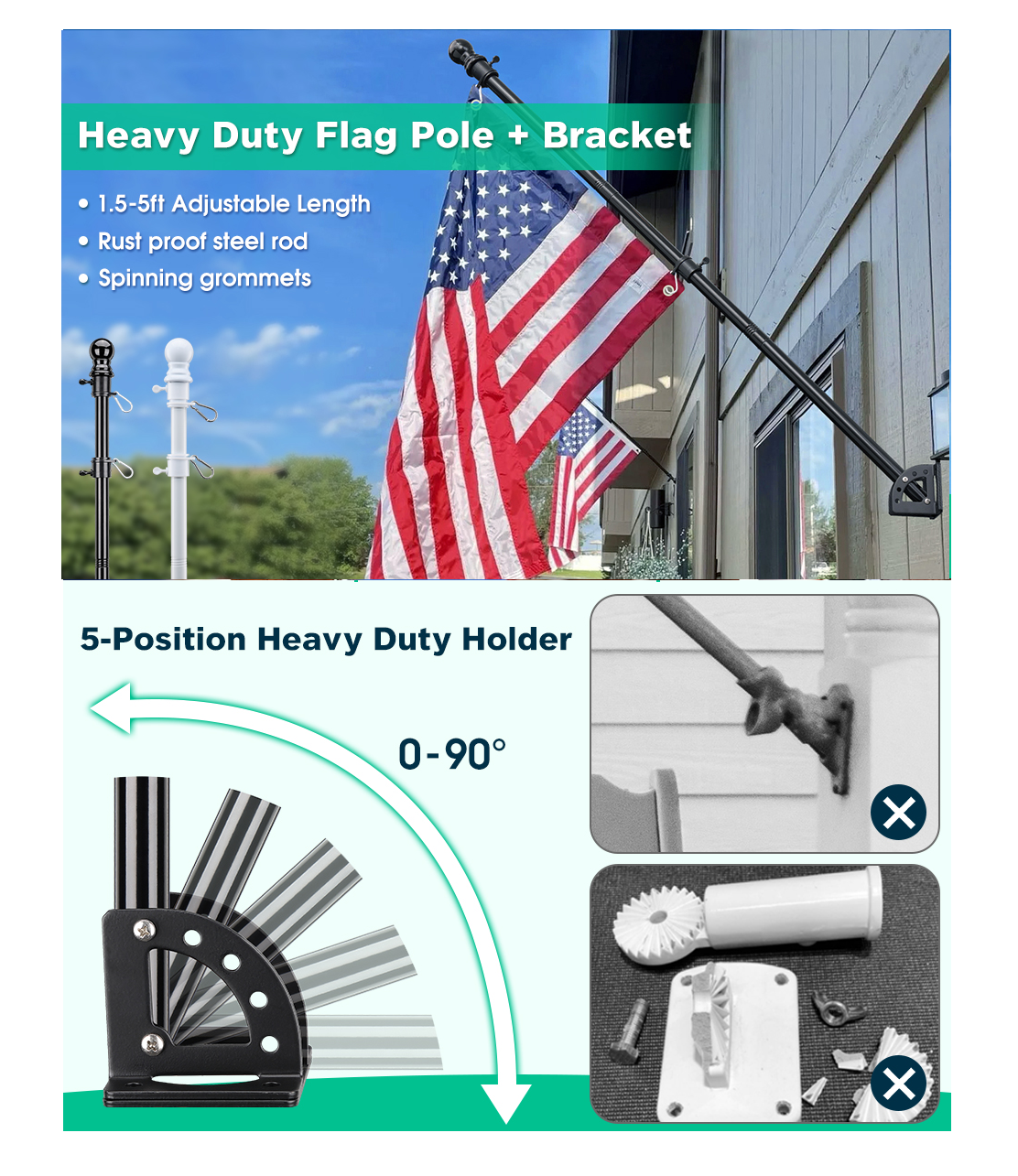 Flag pole rod 6' Long black Muti Position holder fit flag 3' 4' 5 ...