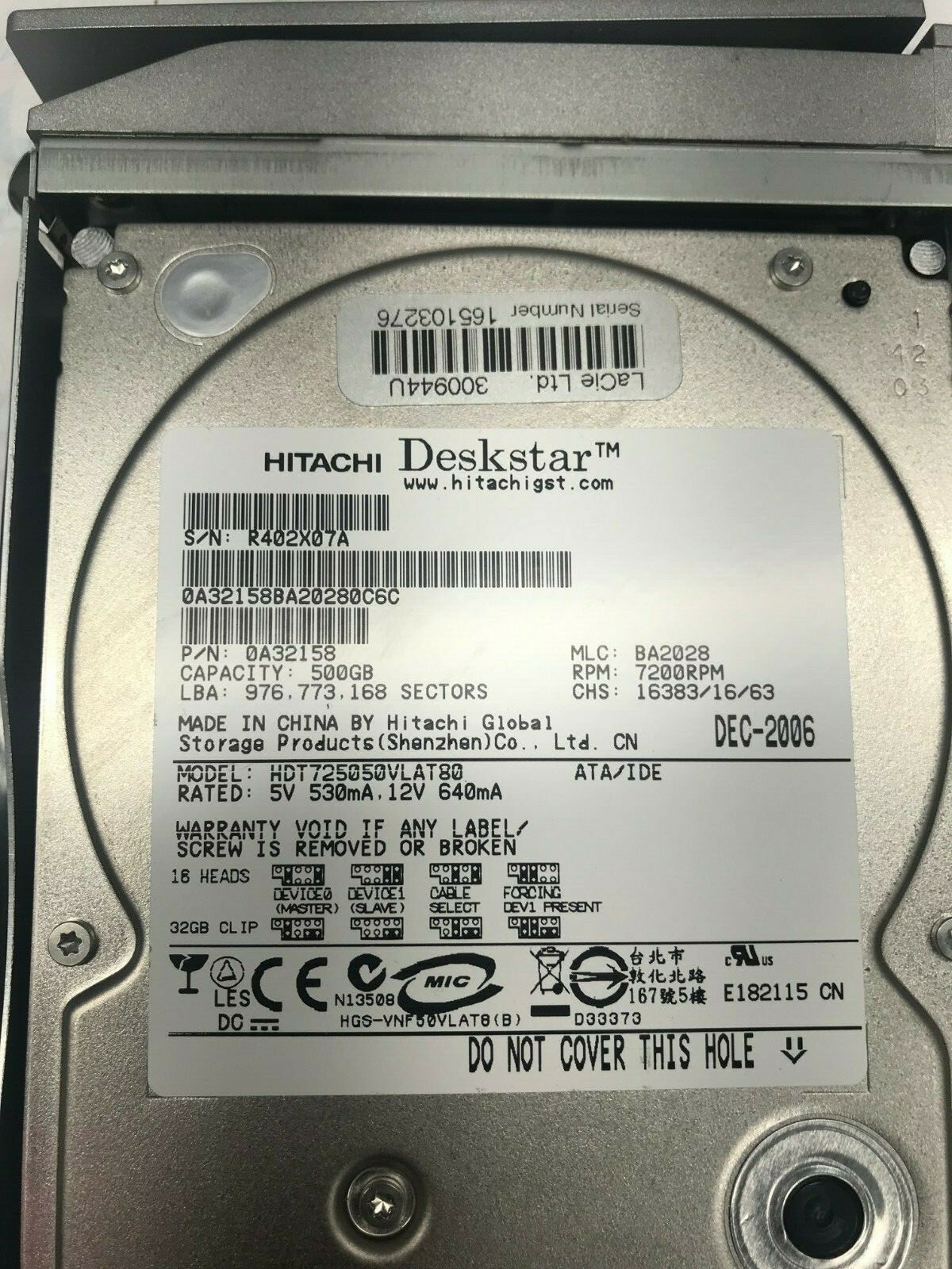 Hitachi HDT725050VLAT80 500GB IDE. P/N:0A32158 | eBay