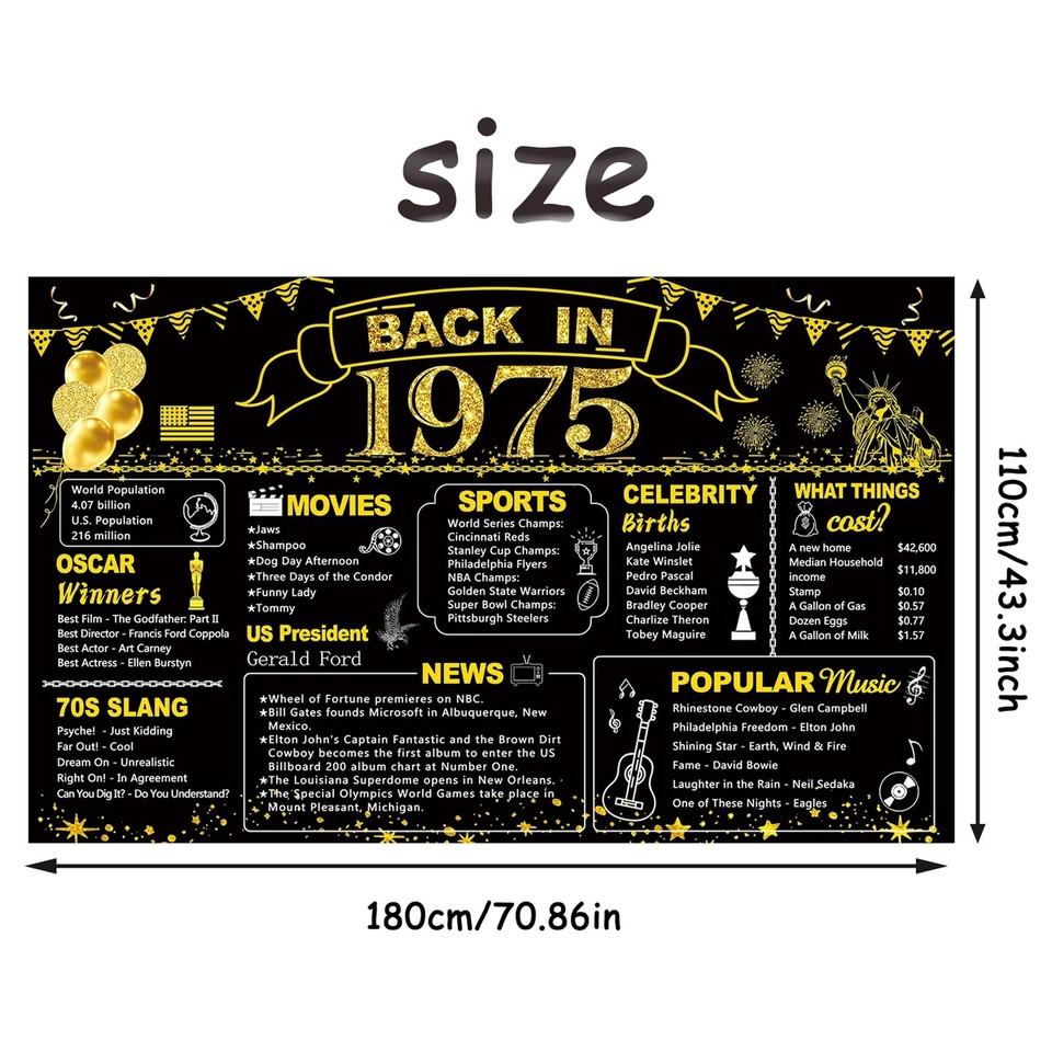 50th Birthday Black Gold Party Decoration, Back in 1975 Banner 50 Year ...