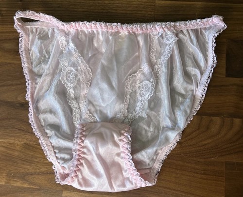 Vtg Nylon String Bikini Panties RARE Sz L Second Skin Lace PINK Shiny ...