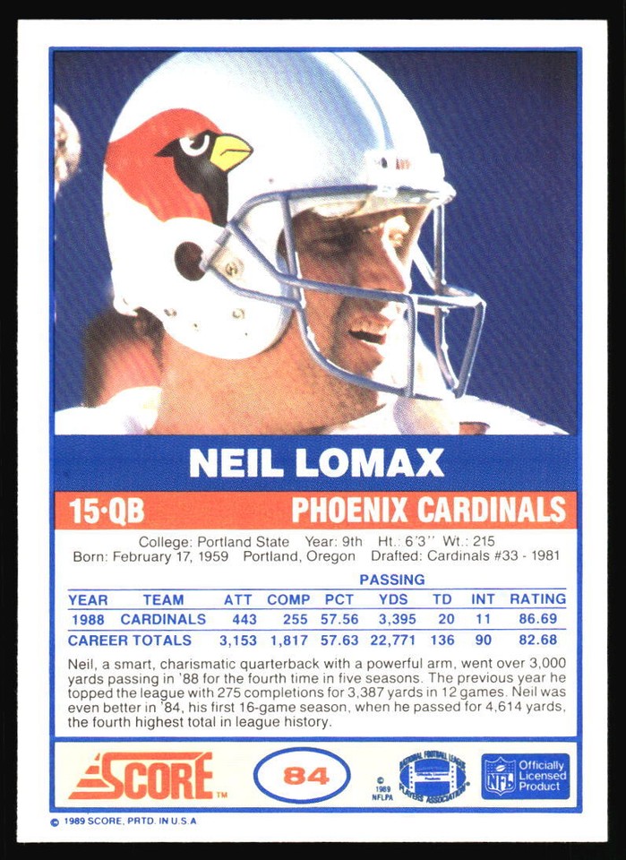 1989 Score Neil Lomax #84 Phoenix Cardinals | eBay