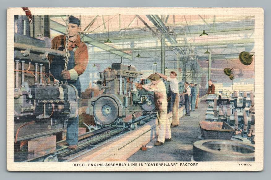Diesel Engine Assembly Line CATERPILLAR Factory PEORIA Vintage Linen ...