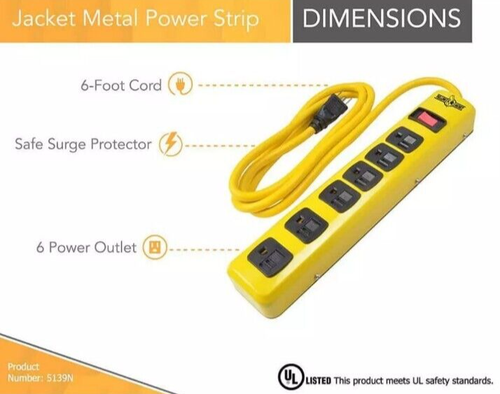 Yellow Jacket Heavy-Duty Power Strip 6 ft 6-Outlet Metal with On/Off ...