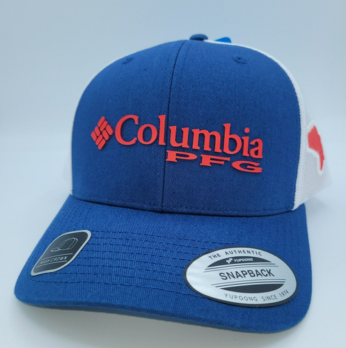 Columbia PFG Snapback Trucker Hat High Crown Fish Logo Outdoor Blue White Red | eBay