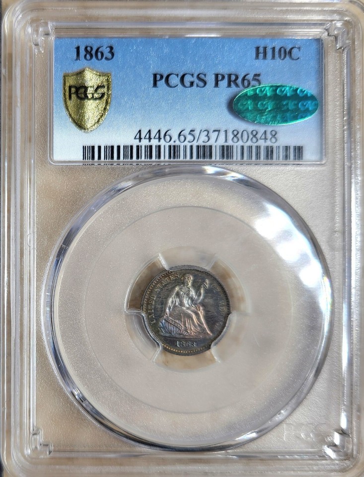 1863 H10c PCGS PR-65 CAC; COLOR×2. Mintage 460!! Seated Proof Half Dime ...