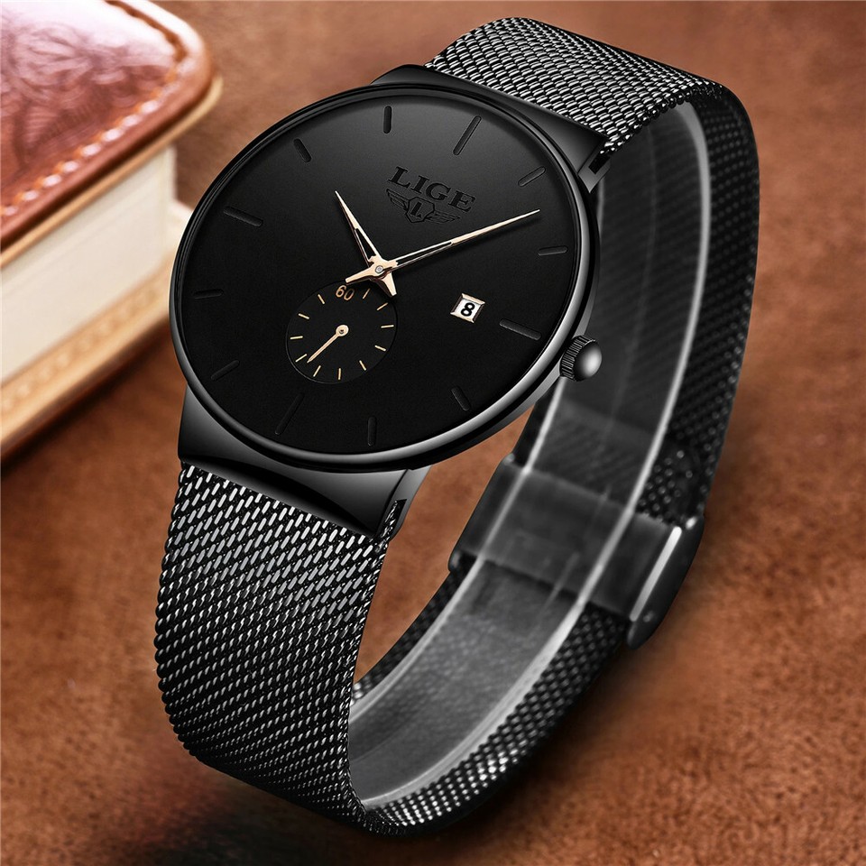 LIGE Men Watches Ultra Thin Wristwatch Steel Black Strap Male Quartz ...