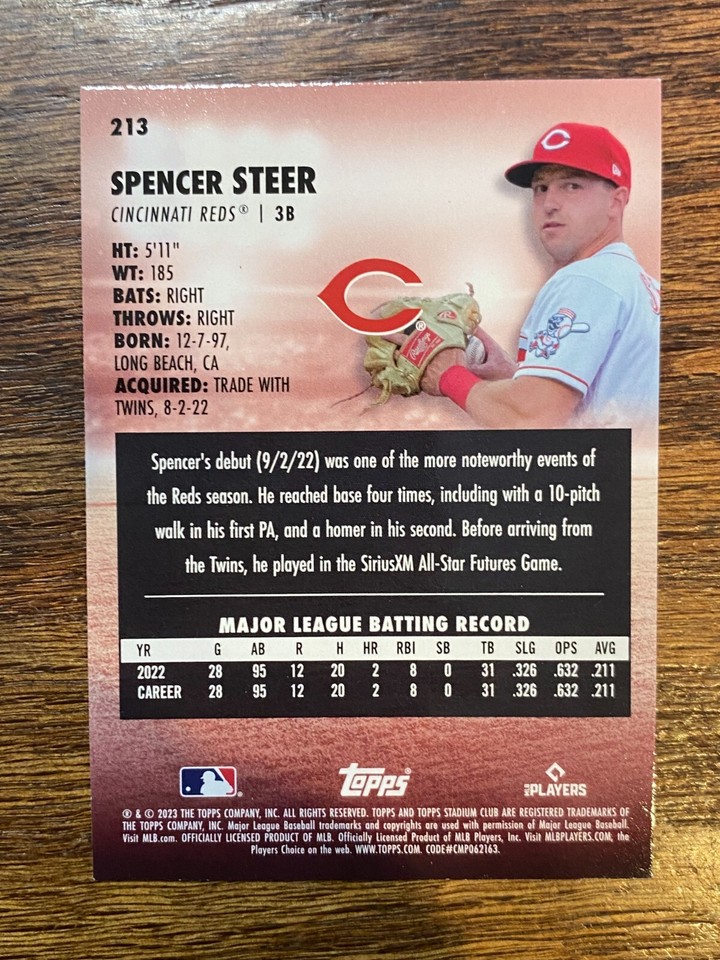 2023 Topps Stadium Club Red Parallel SP Spencer Steer Rookie ...
