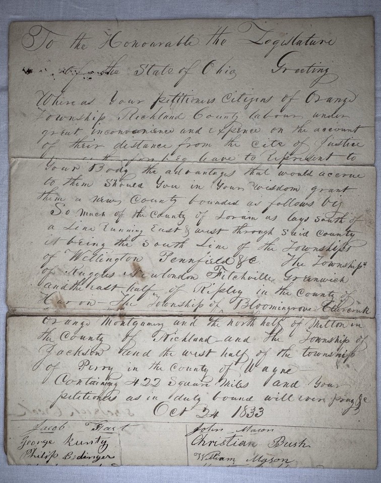 1833 Ohio Petitions to Form Ashland County w/ 100 Pioneer Signatures ...