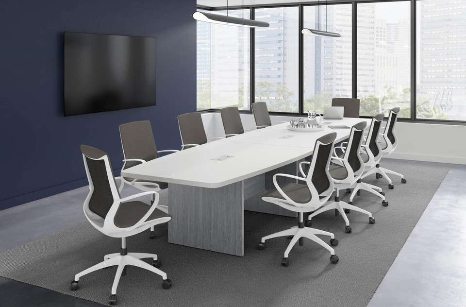 28' ft Modern BOAT SHAPED Conference Room Table Grommets for POWER in 7 ...