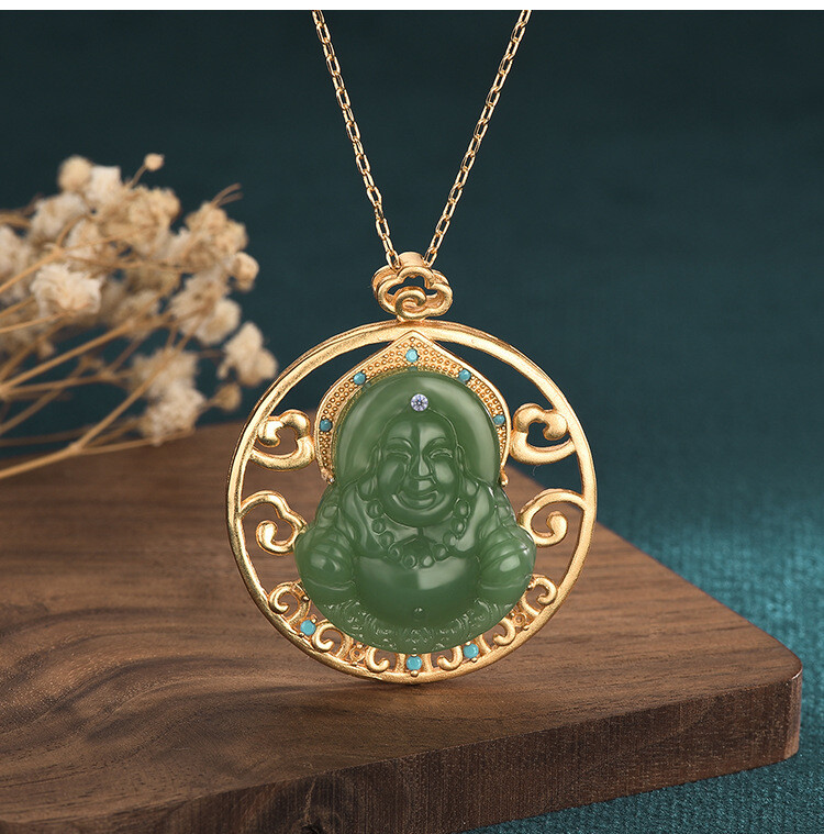 Jade Pendant Necklace Buddha Crystal Charm W/ 18K Gold Plated Chain ...