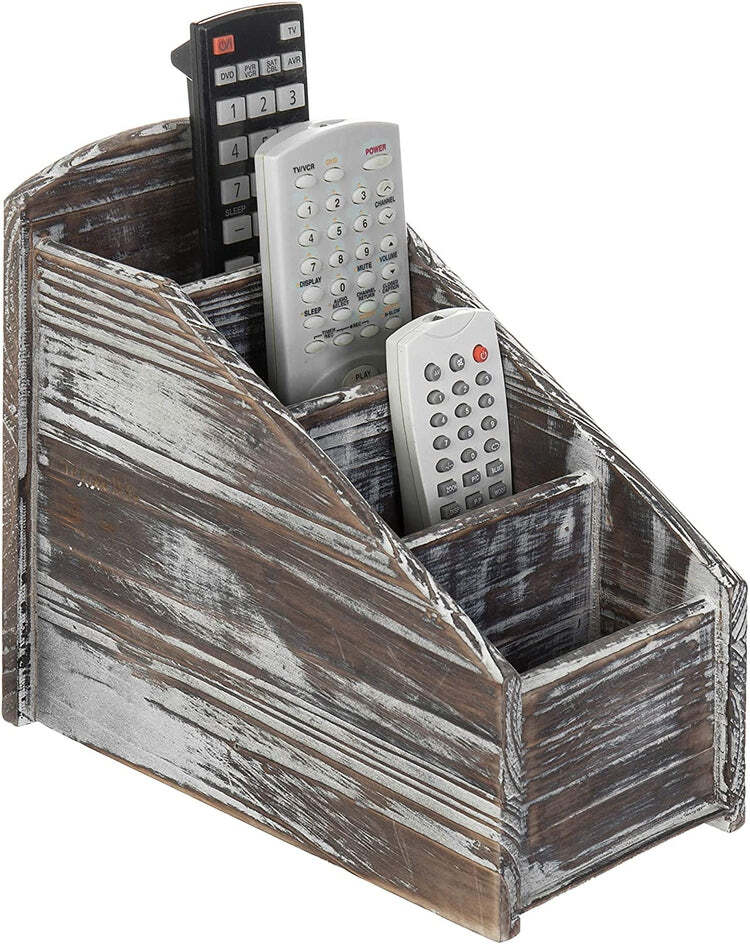Rustic Torched Wood Remote Control Holder for Table w/ 4 Compartments ...