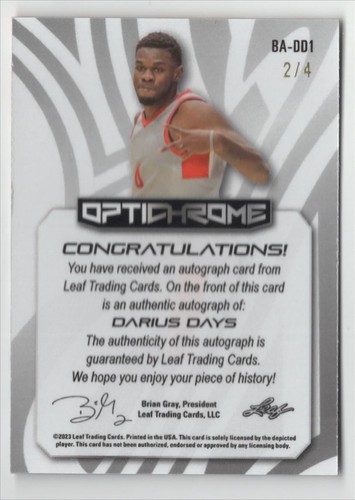 2022-23 Leaf Optichrome Crystal RWB Darius Days Auto /4 Houston Rockets ...