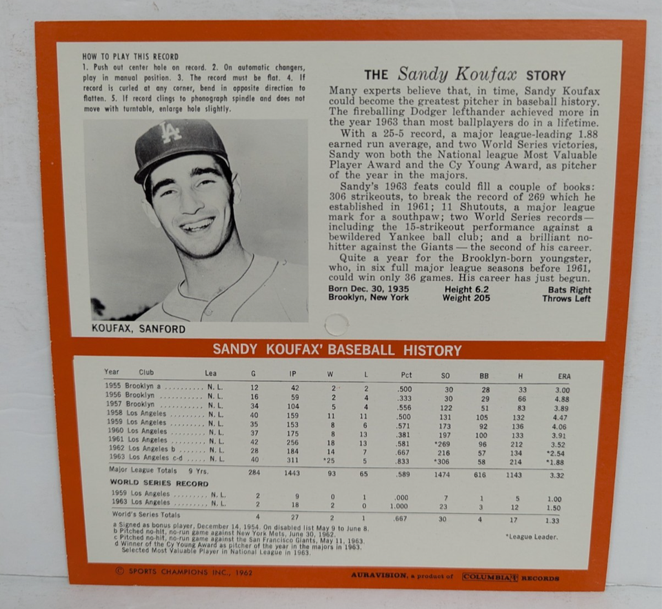 1962 Auravision Sports Champions Record The Sandy Koufax Story | eBay