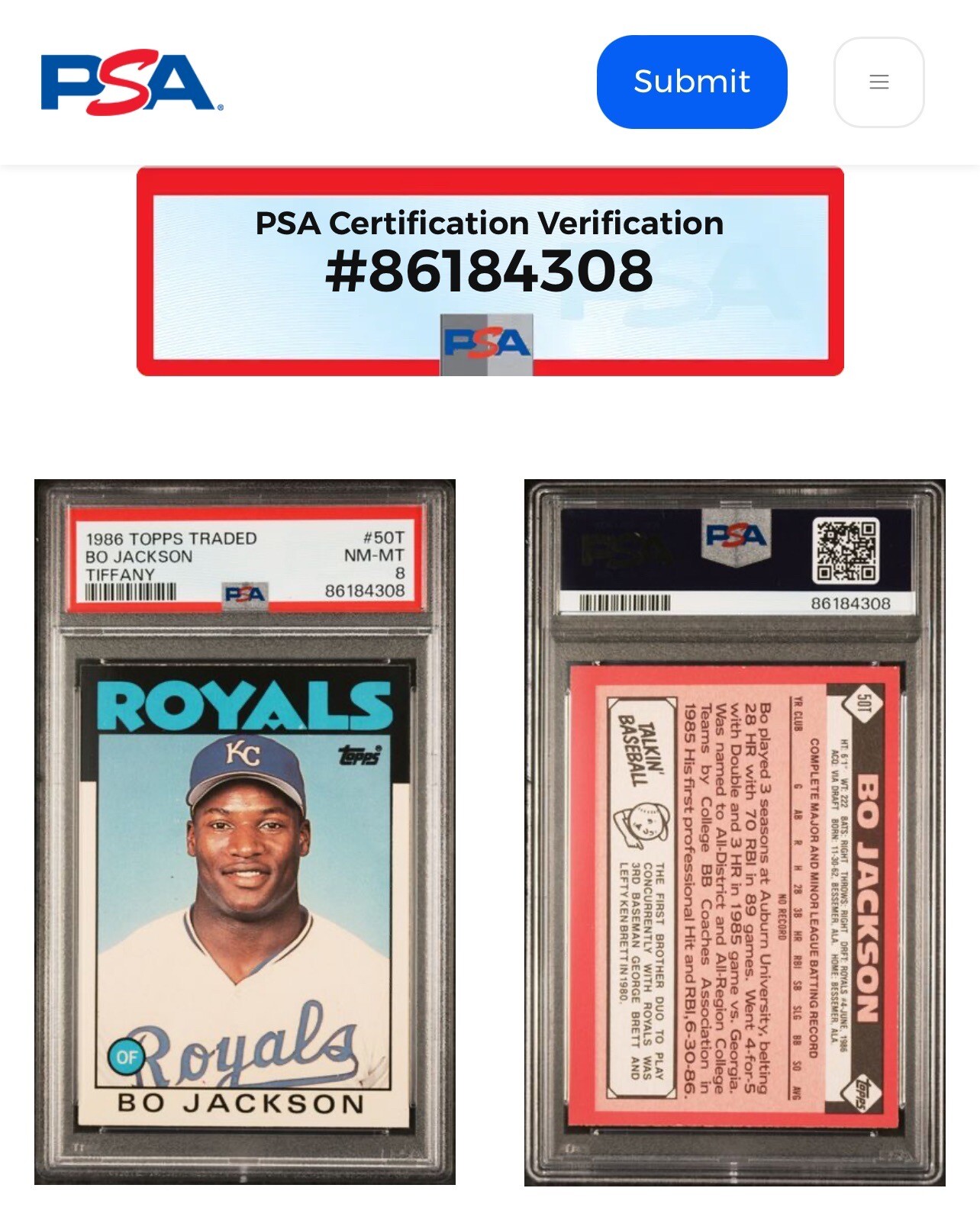 Bo Jackson 1986 Topps Traded Tiffany #50T Base Price Guide - Sports ...