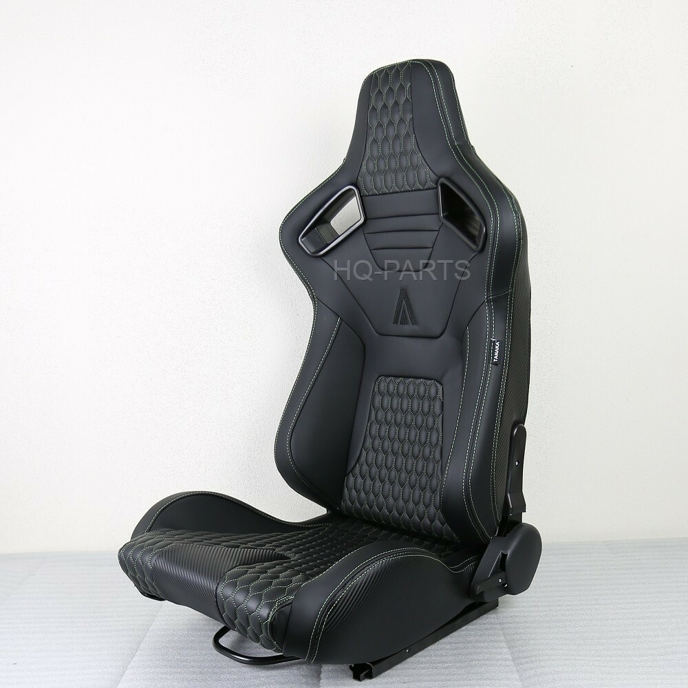 2 X TANAKA PREMIUM BLACK CARBON PVC LEATHER RACING SEATS + GREEN STITCH ...