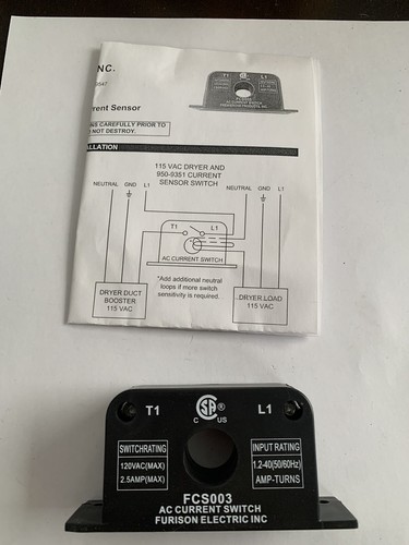 Tjernlund 950-9351 FCS003 Current Sensing Switch Rate 2.5A Max 120V ...