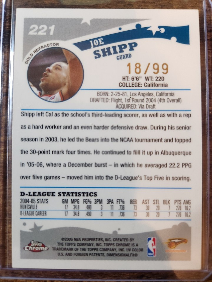 2005-06 Topps Chrome Joe Shipp Rookie RC Gold Refractor 18/99 #221 ...