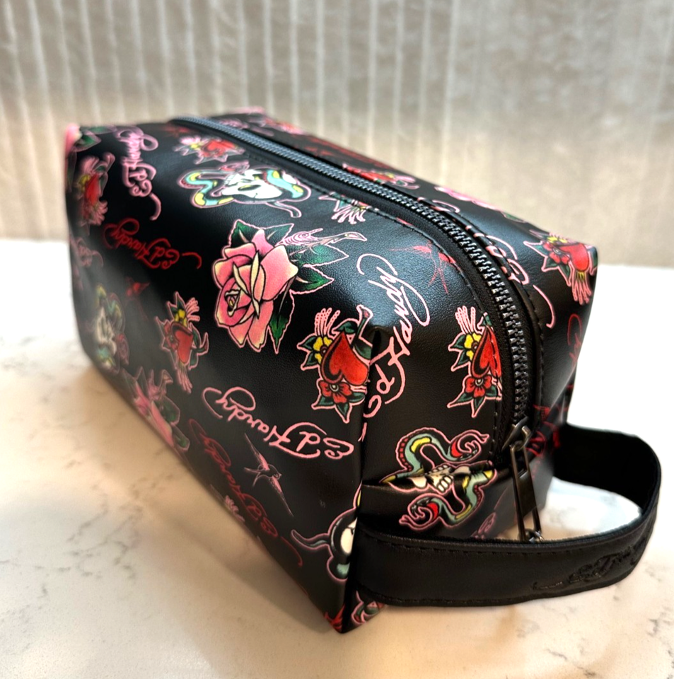 ED HARDY w/CUSTOM Skull Zipper Charm Cosmetics Toiletries Travel Bag ...