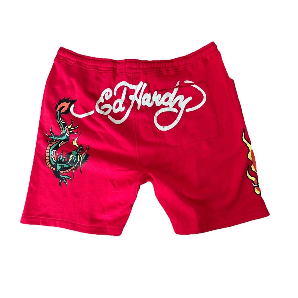 Ed Hardy Y2K Red Shorts Mens XXL Skull Snake Dragon Spell Out Double ...