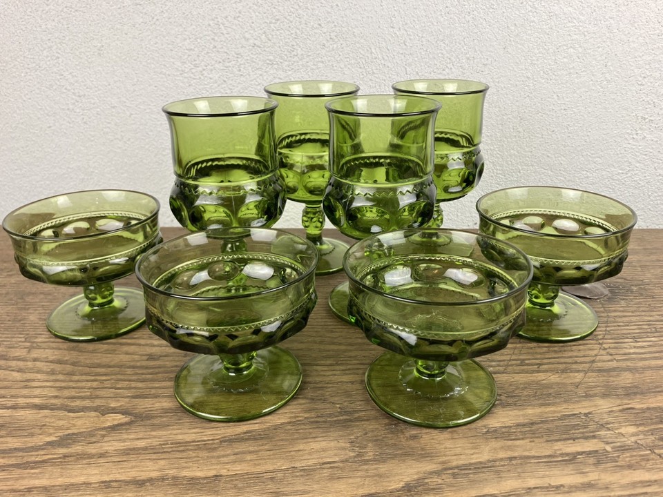 Vintage Green Indiana Glass Kings Crown Thumbprint Goblets Wine Sherry ...