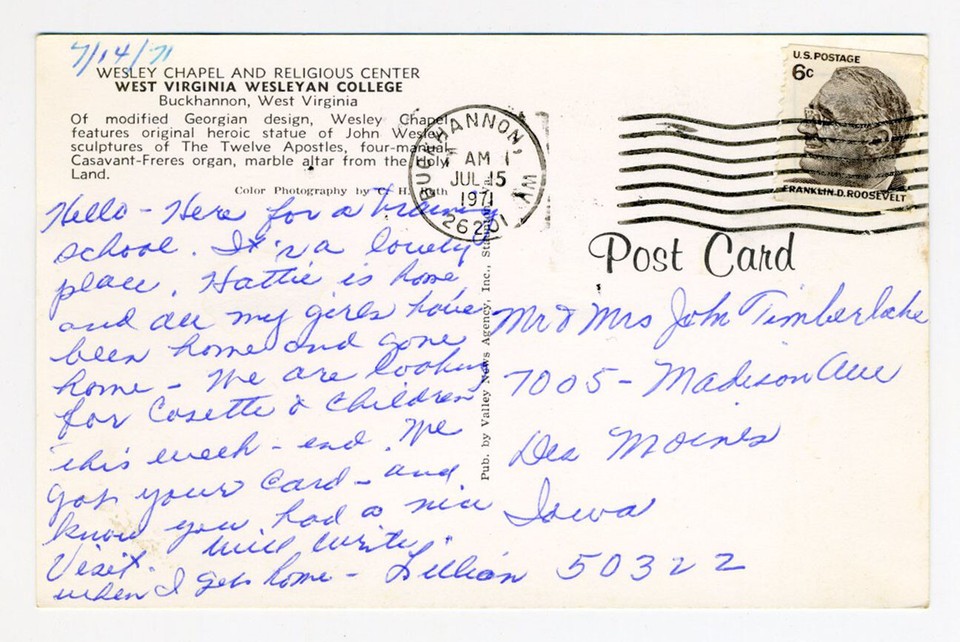 1971 Postmarked Postcard- WV Wesleyan College- Buckhannon, WV | eBay