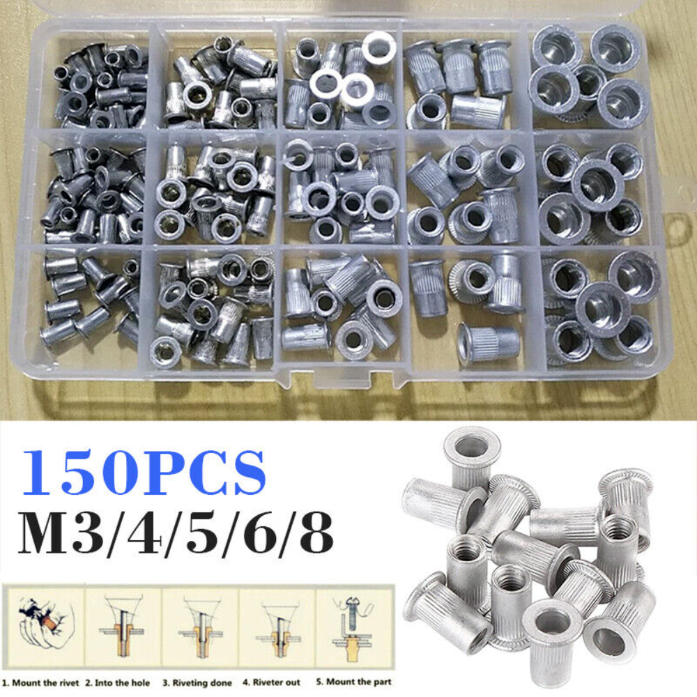 150Pcs RIVET NUT Flat Head Threaded Insert Aluminum Rivet Nutsert Set ...
