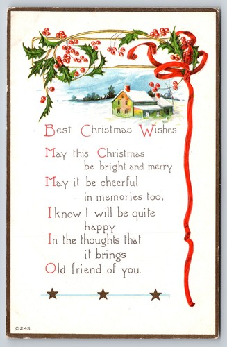 Holiday~Holly Red Ribbon Home & Best Christmas Wishes Poem~Vintage ...