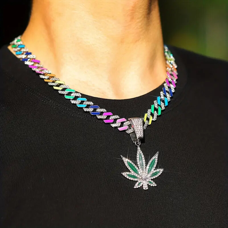 Marijuana Weed Leaf pendant 20" Multi Color Cuban Cubic Zirconia Chain ...